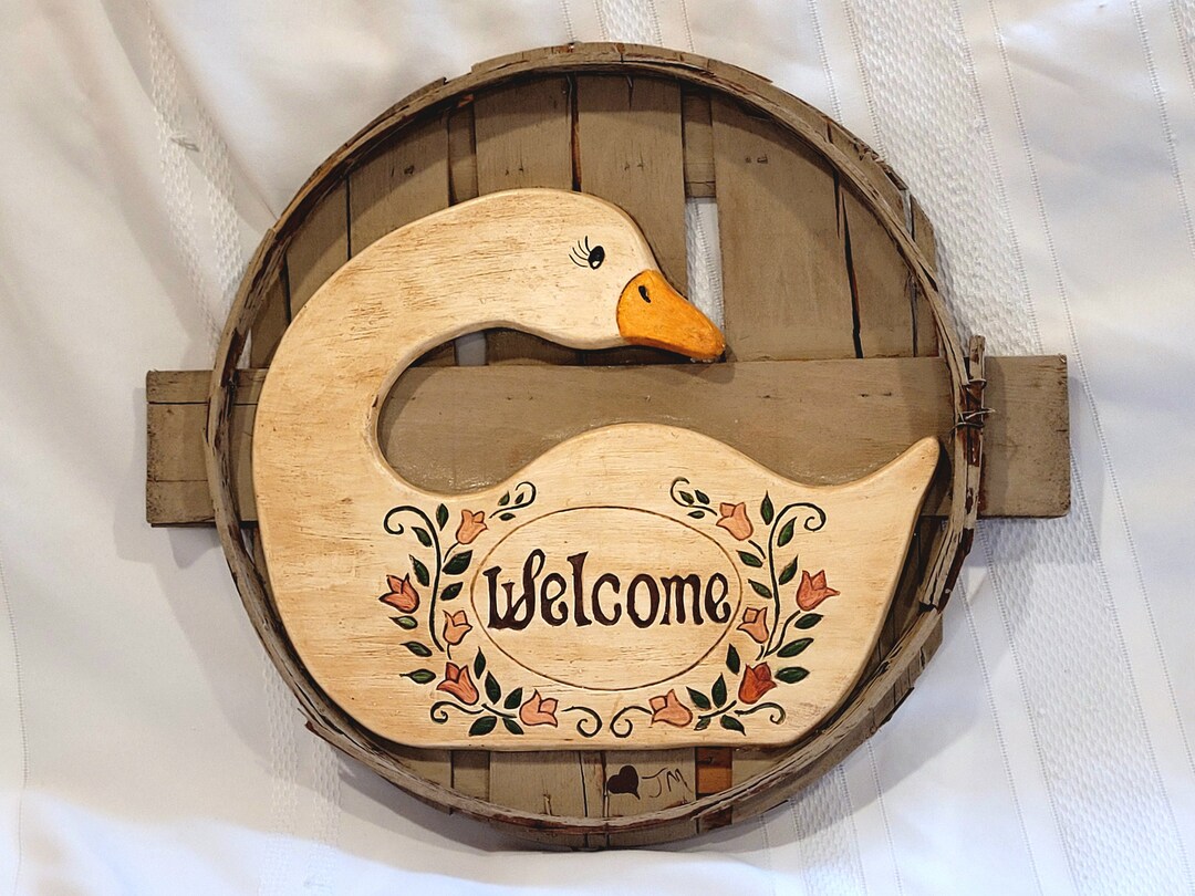 Vintage Goose Welcome Sign Bushell Basket Banded Hand Painted Country ...