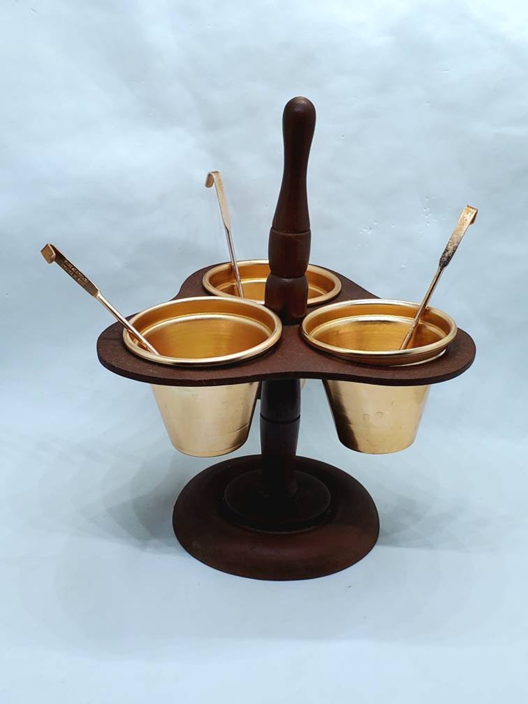 Vintage Wood and Copper Metal Condiment Server With Spoons 7 Piece ...