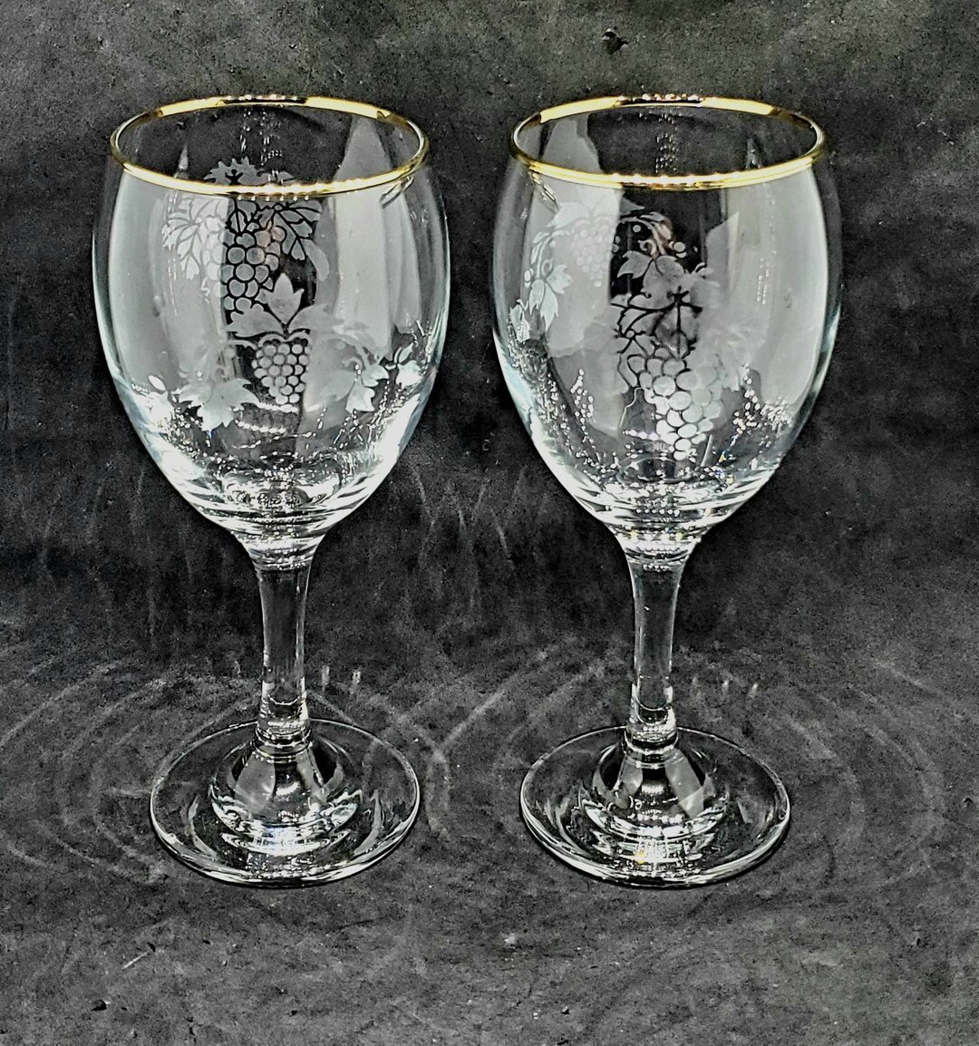 Vintage Bartlett Collins Wine Glasses Set of 2 Grapes Leaves Gold Rim ...