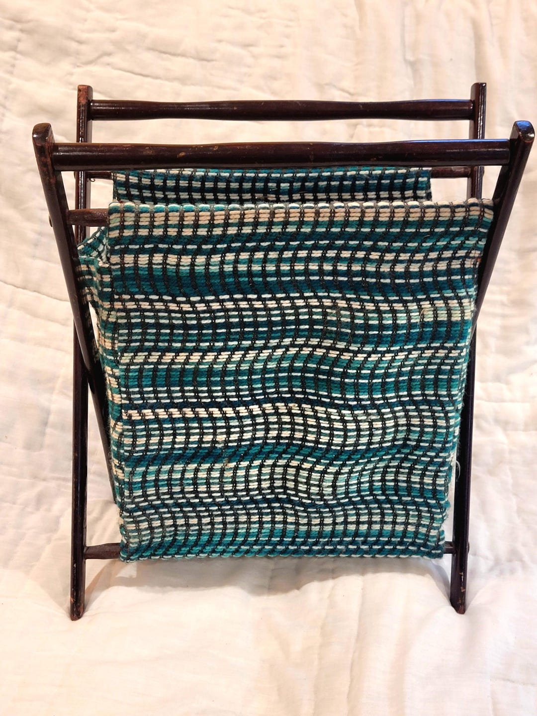 Vintage Knitting Sewing Caddy Basket Yarn Bag Folding Wood Light Frame ...