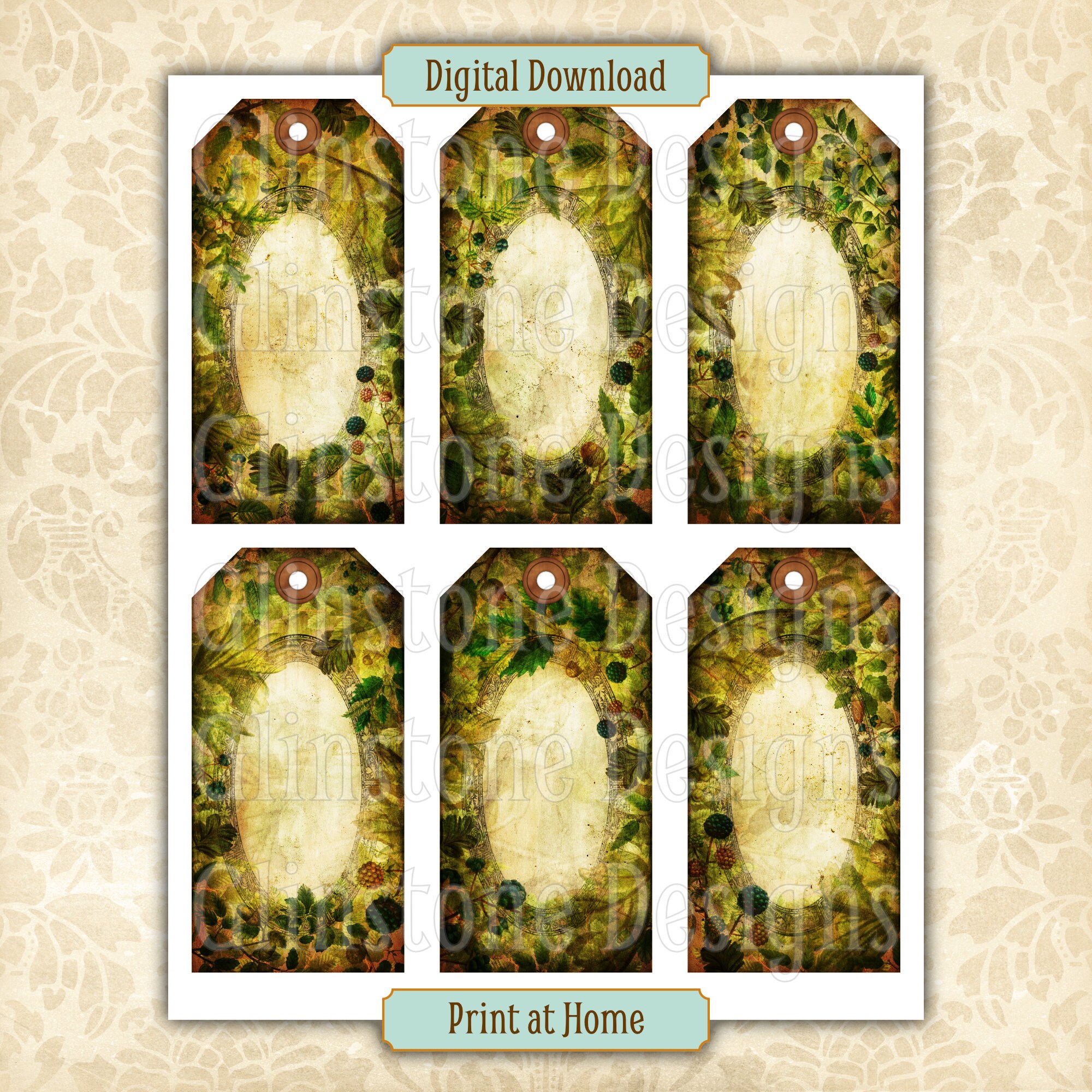 Printable Gift Tags, Forest Hedgerow Design With Vintage Foliage ...