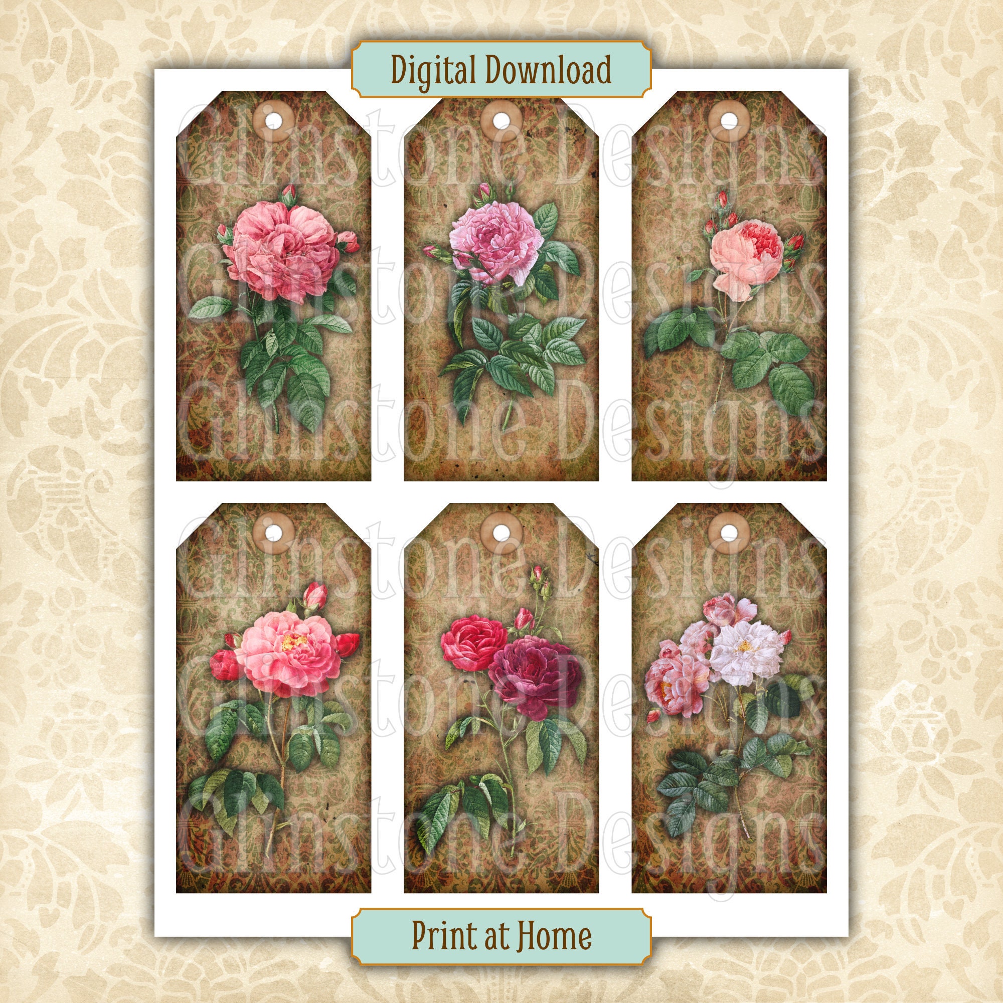Printable Vintage-style Gift Tags, Antique Rose Illustrations on a ...