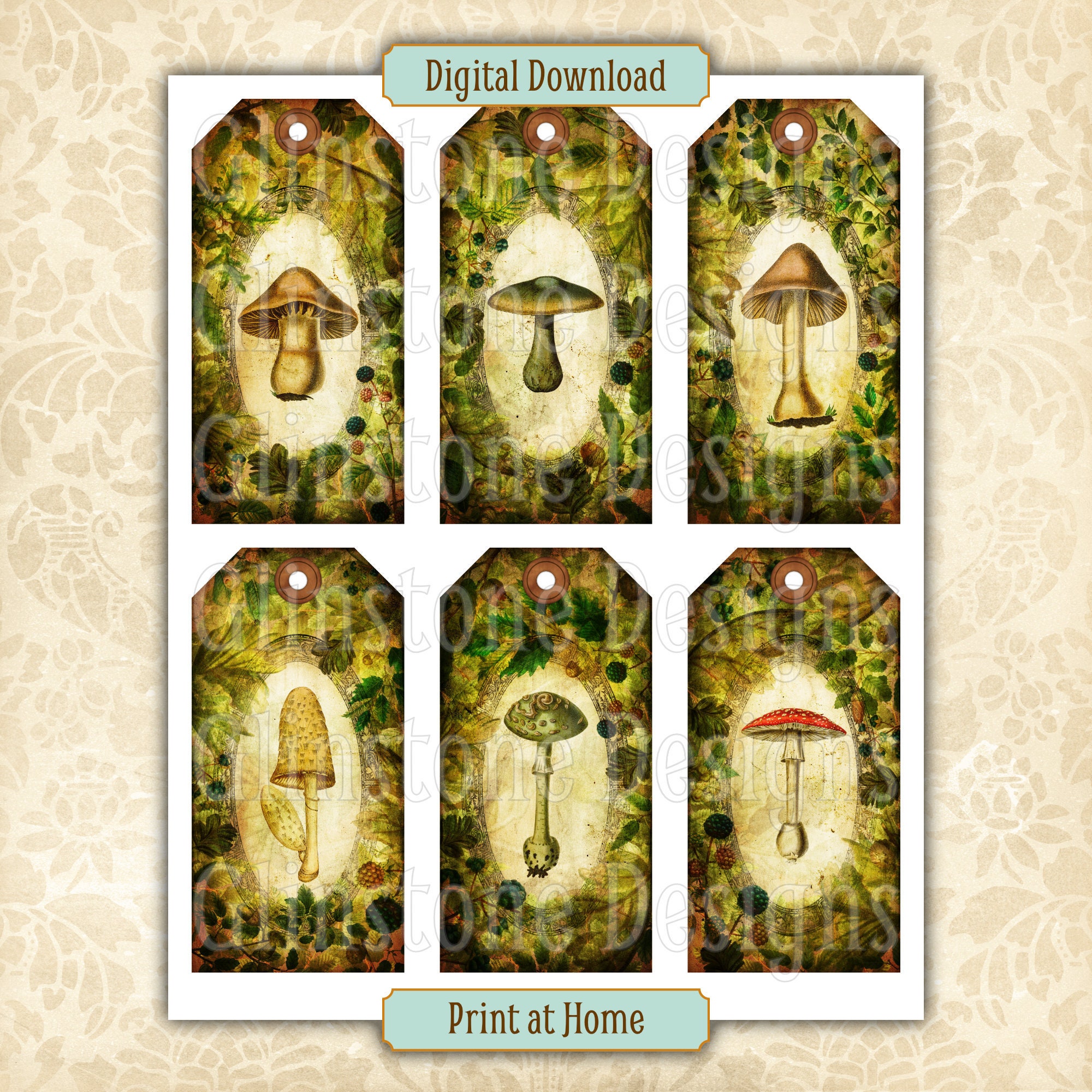 Printable Gift Tags, Vintage Mushroom Illustrations With a Forest ...