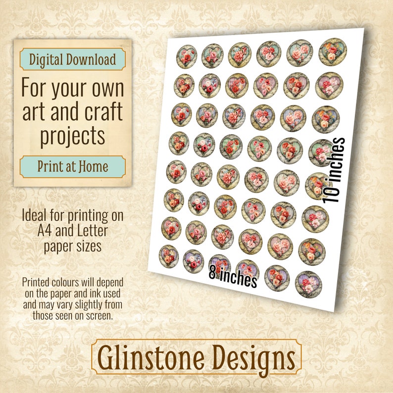 Printable 1 Inch Circles Collage Sheet, Hearts, Vintage-style Flowers ...