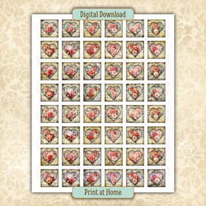 Printable 1x1 Inch Squares Collage Sheet, Hearts, Vintage-style Flowers ...