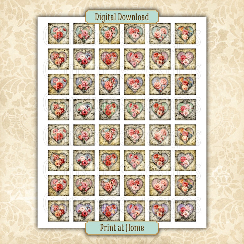 Printable 1x1 Inch Squares Collage Sheet, Hearts, Vintage-style Flowers ...