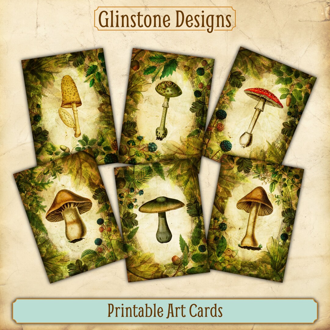 Printable Art Cards, Vintage Mushroom Illustrations With a Forest ...