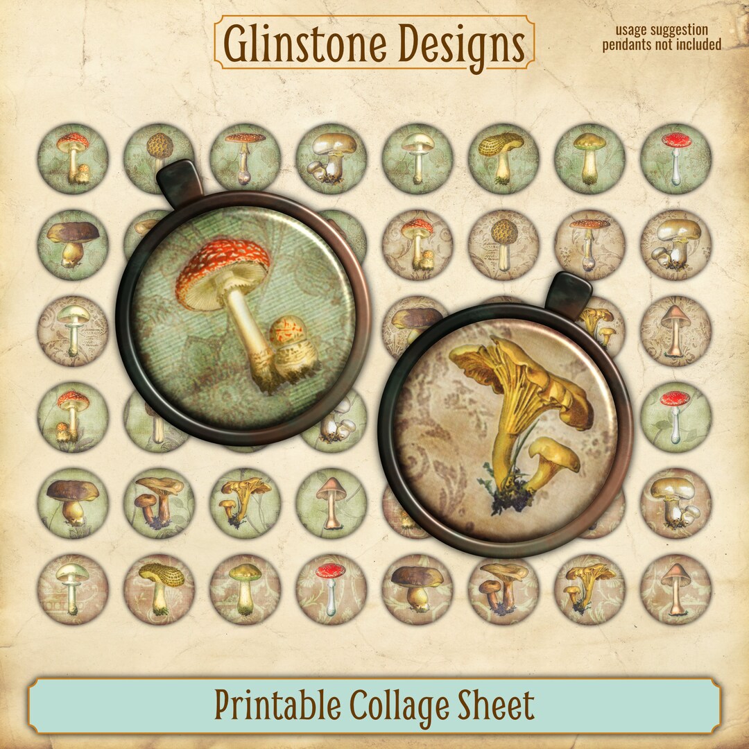 Printable 1 Inch Circles Collage Sheet, Mushrooms, Vintage ...