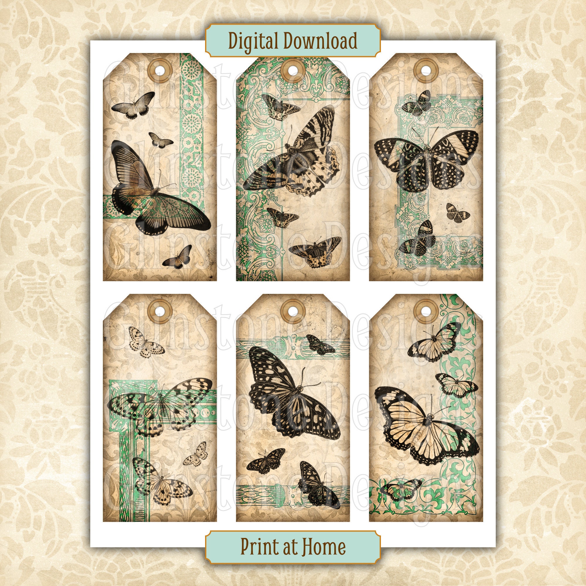 Printable Gift Tags, Vintage Butterfly Illustrations on a Sepia ...