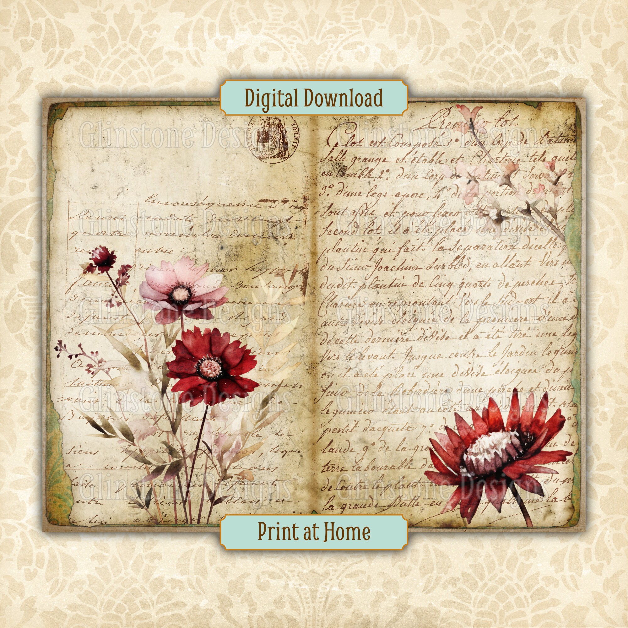 Printable Junk Journal Pages, Vintage-style Burgundy Wildflower ...