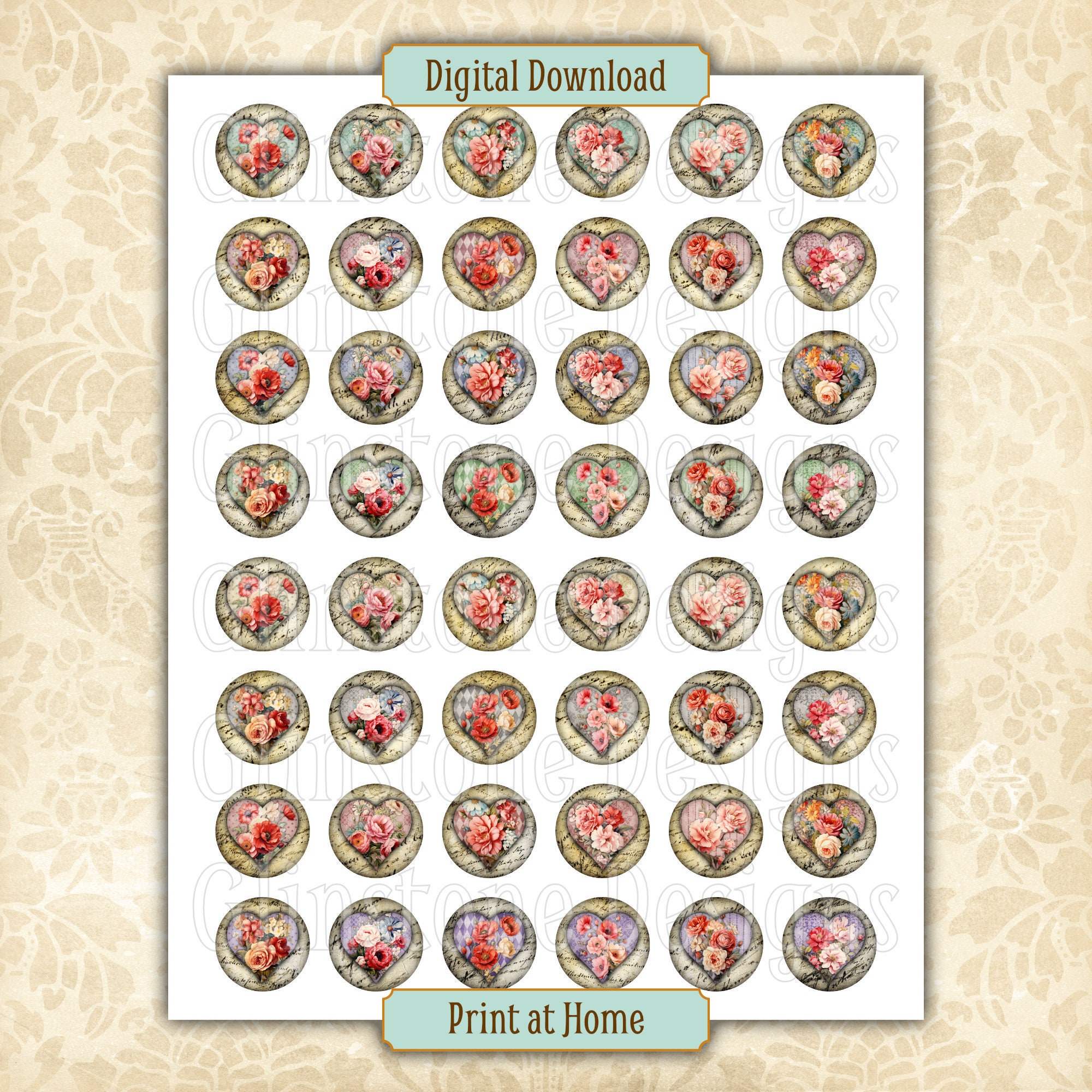 Printable 1 Inch Circles Collage Sheet, Hearts, Vintage-style Flowers ...