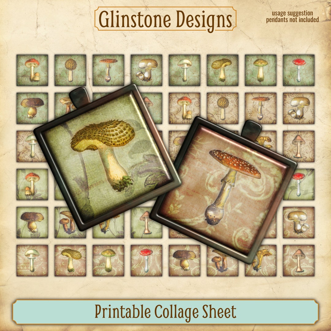 Printable 1x1 Inch Squares Collage Sheet, Mushrooms, Vintage ...