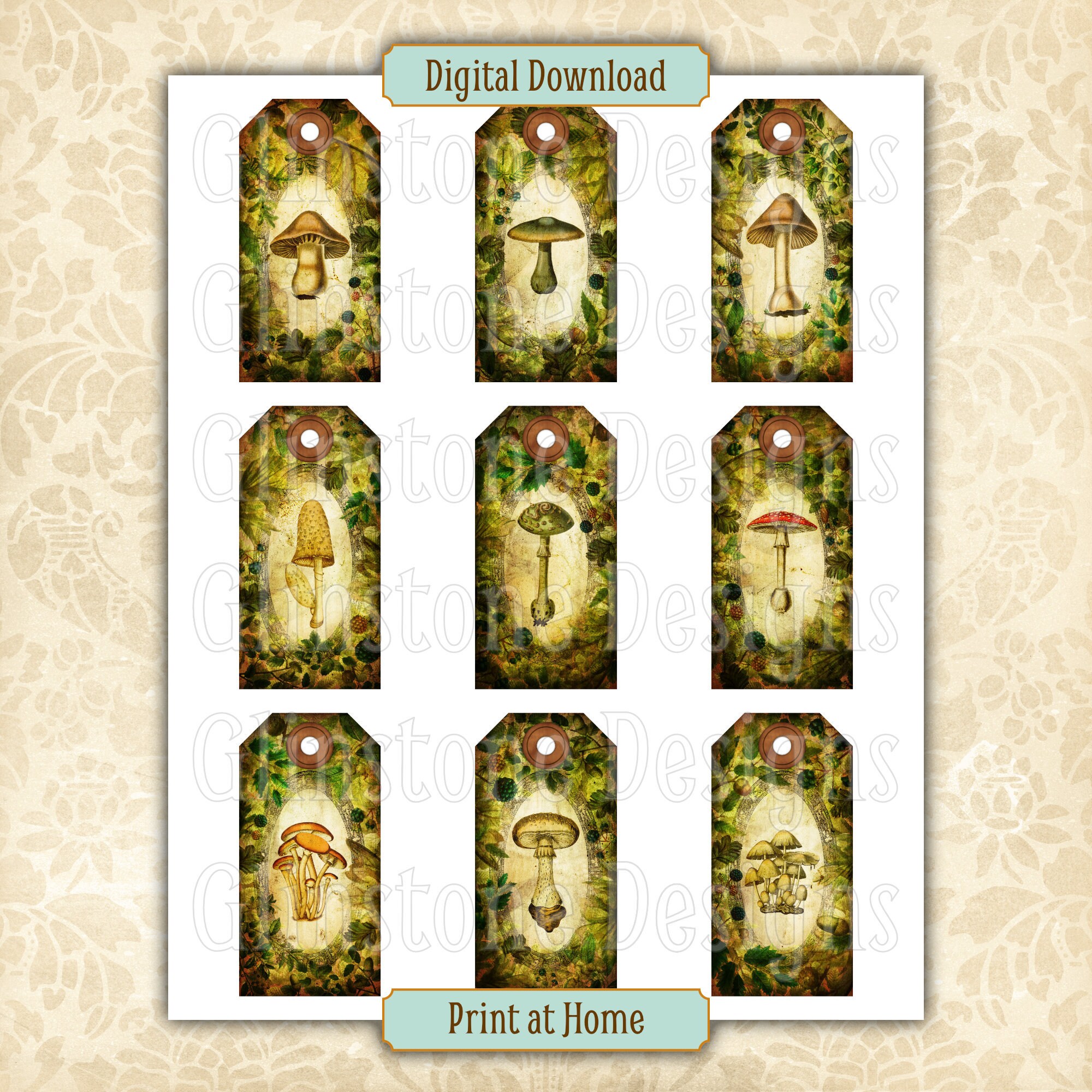 Printable Gift Tags, Vintage Mushroom Illustrations With a Forest ...