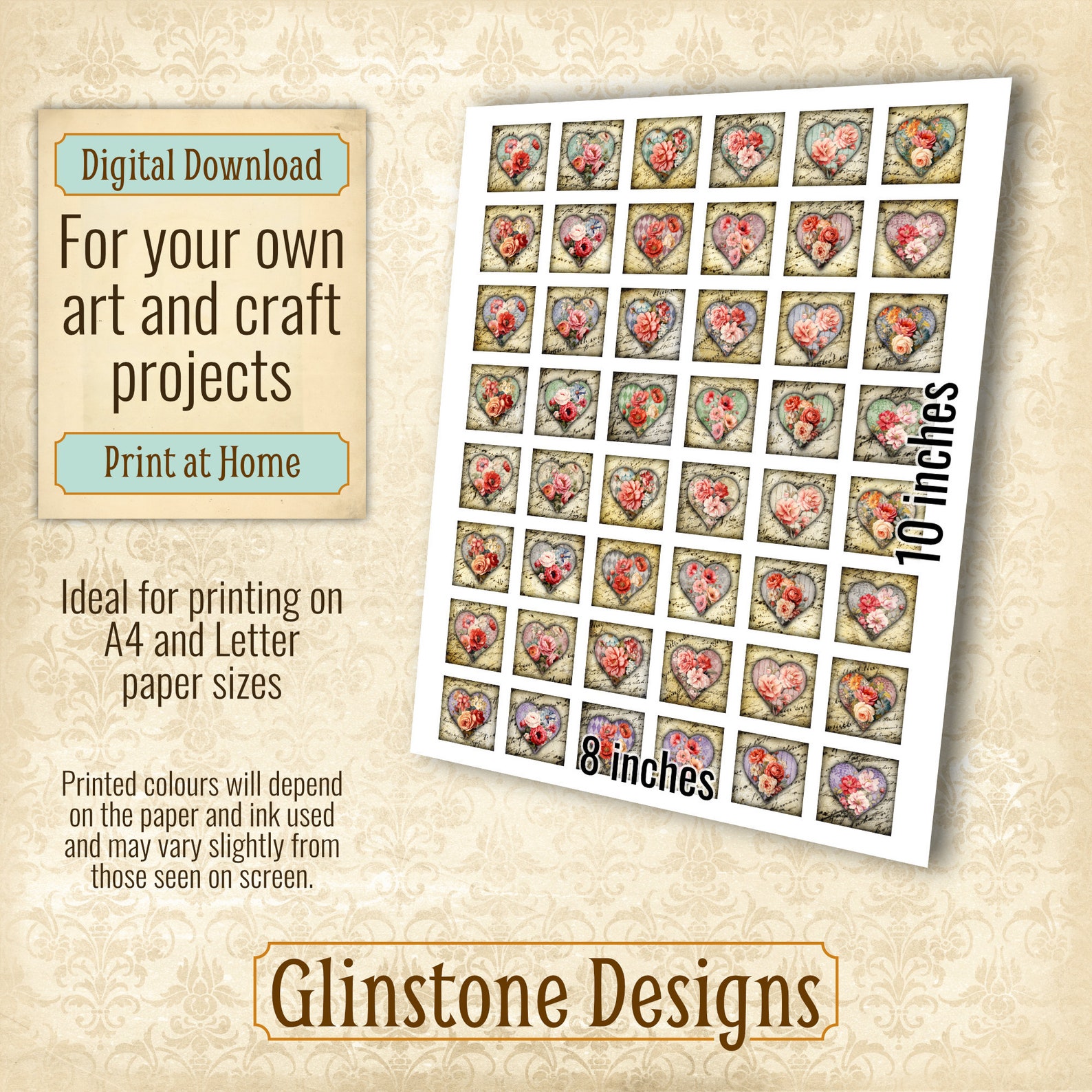 Printable 1x1 Inch Squares Collage Sheet, Hearts, Vintage-style Flowers ...