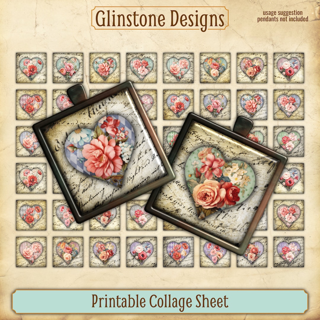 Printable 1x1 Inch Squares Collage Sheet, Hearts, Vintage-style Flowers ...