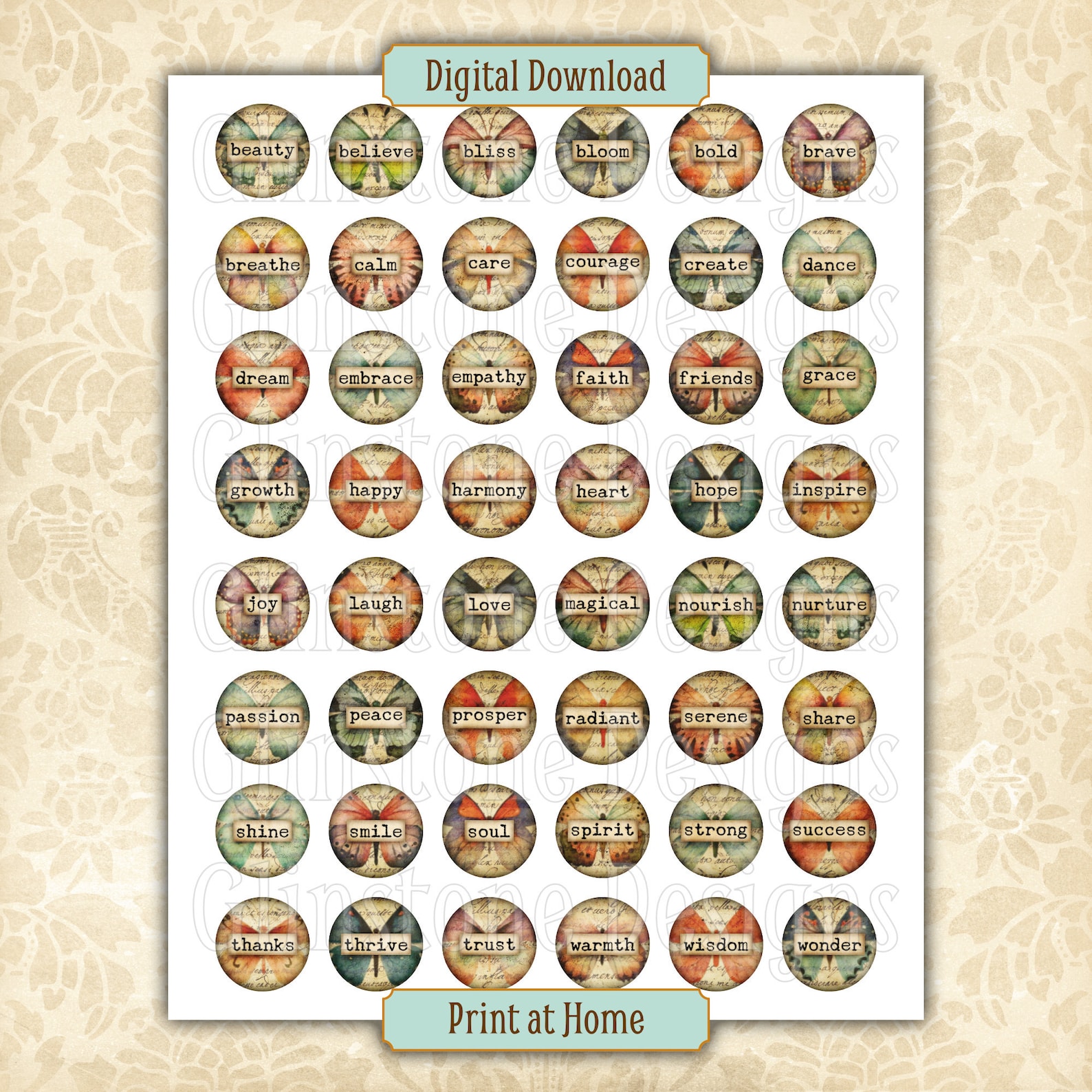 Printable 1 Inch Circles Collage Sheet, Inspirational Words ...