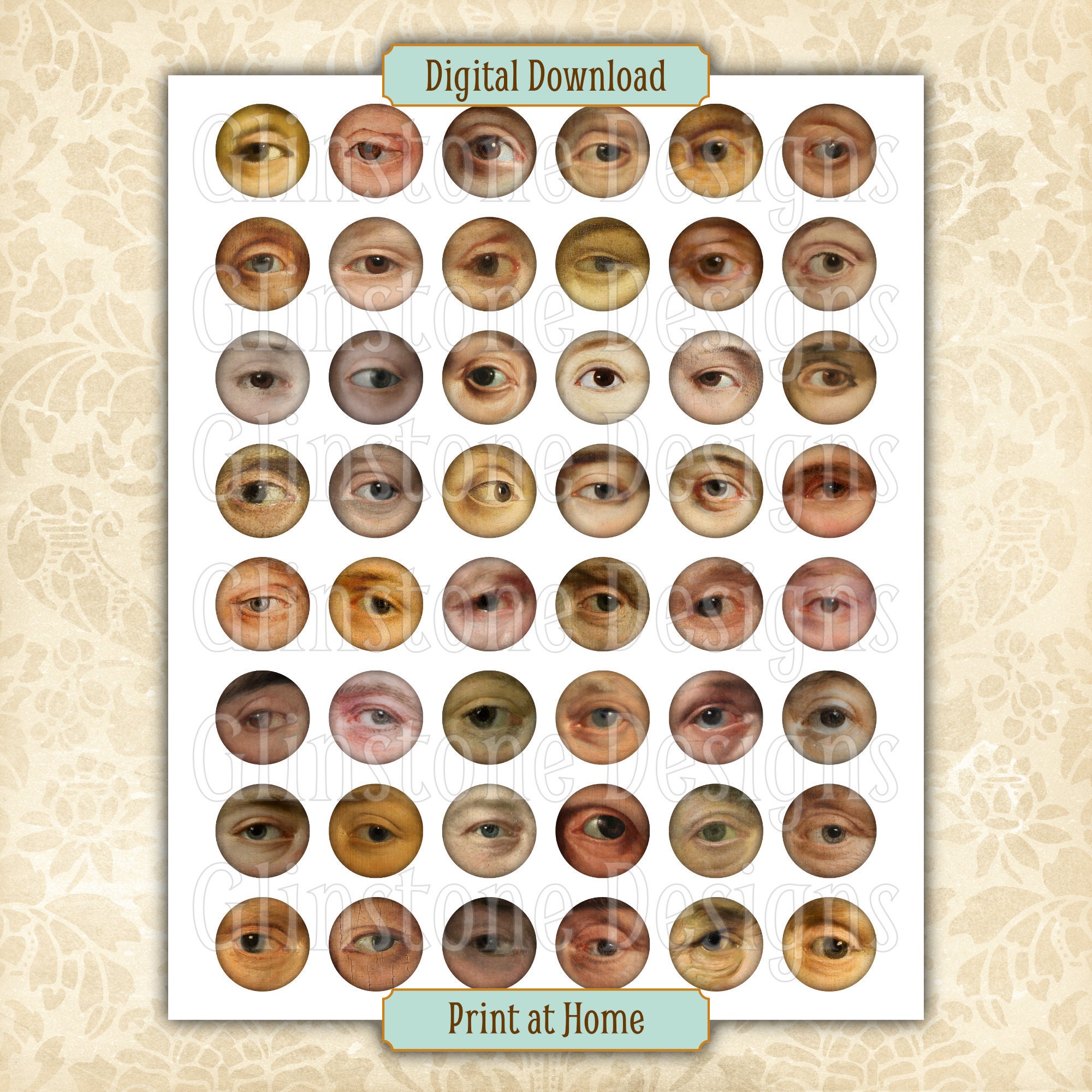 Printable 1 Inch Circles Collage Sheet, Eyes, Vintage-style Paintings ...
