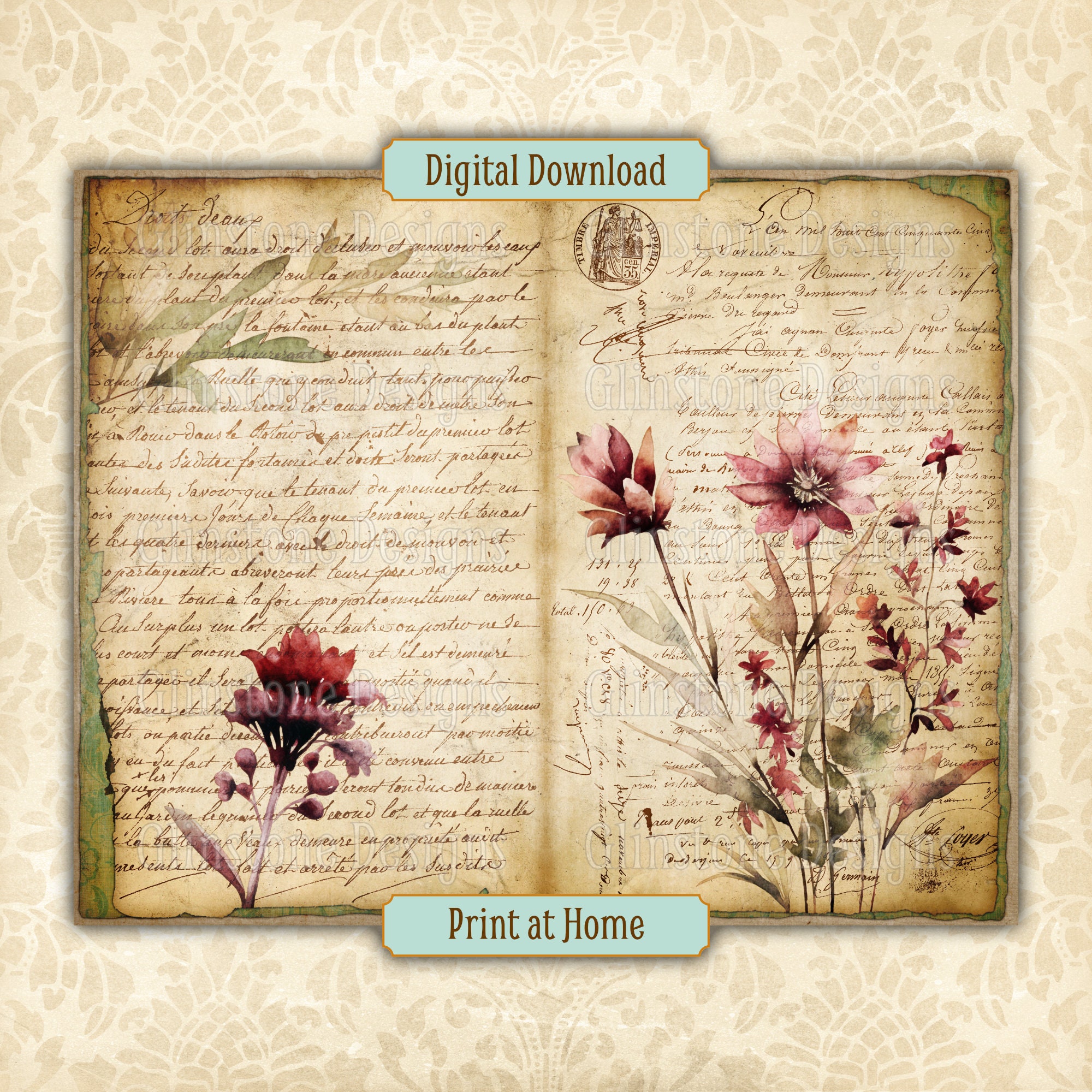 Printable Junk Journal Pages, Vintage-style Burgundy Wildflower ...