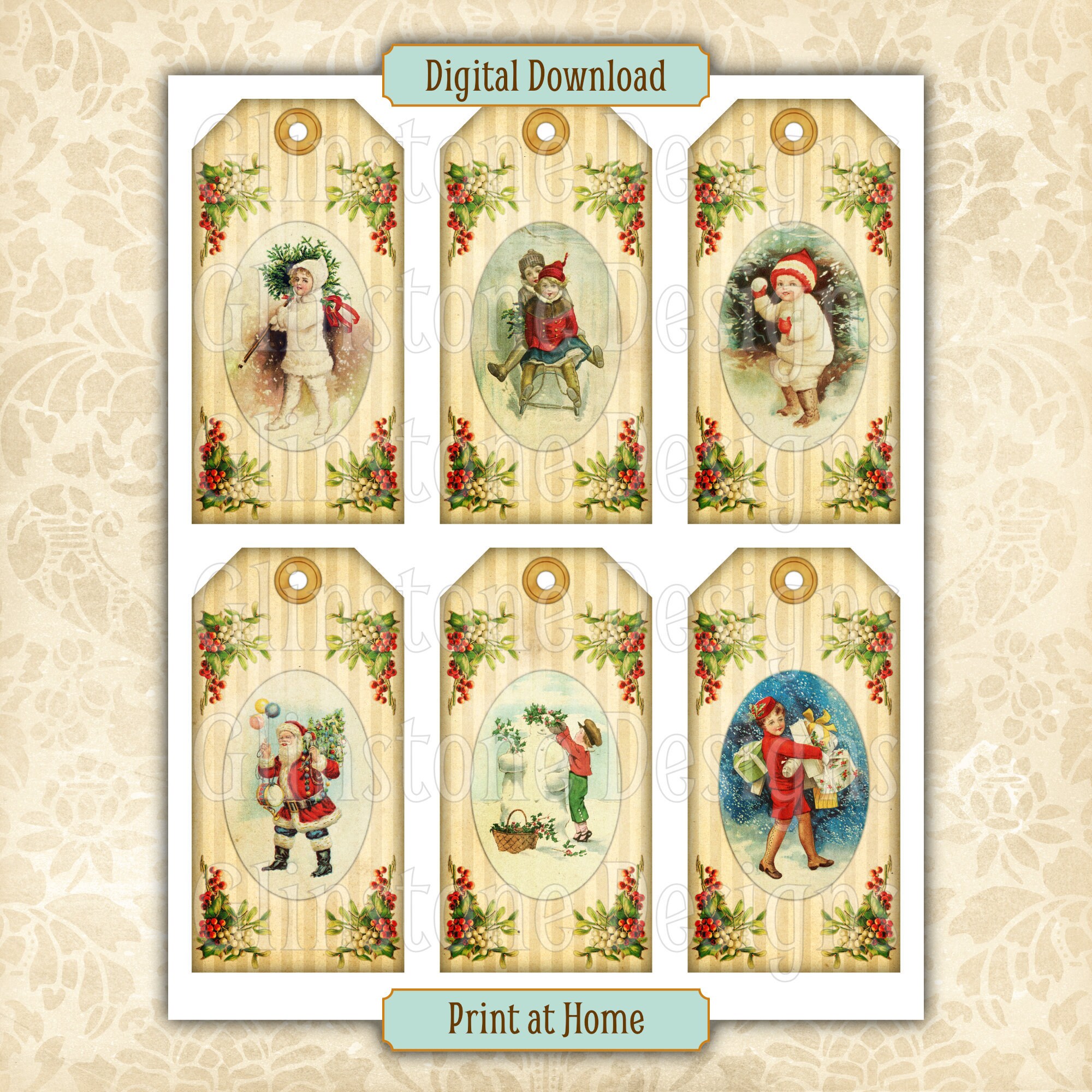 Printable Vintage-style Christmas Gift Tags, Winter Scenes With a Holly ...