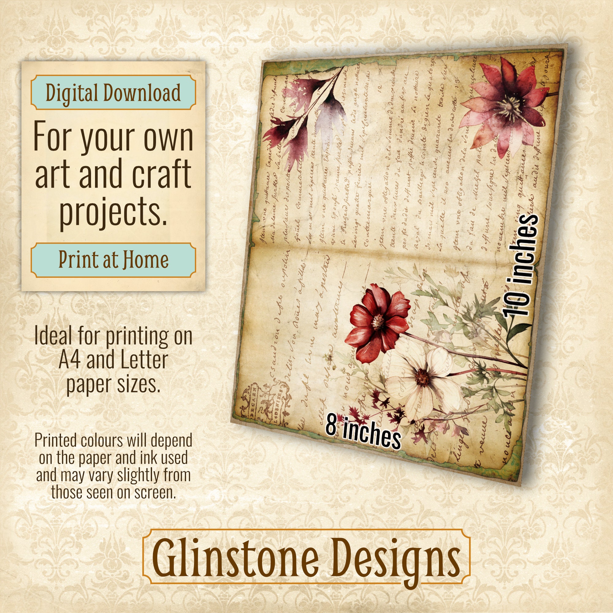 Printable Junk Journal Pages, Vintage-style Burgundy Wildflower ...