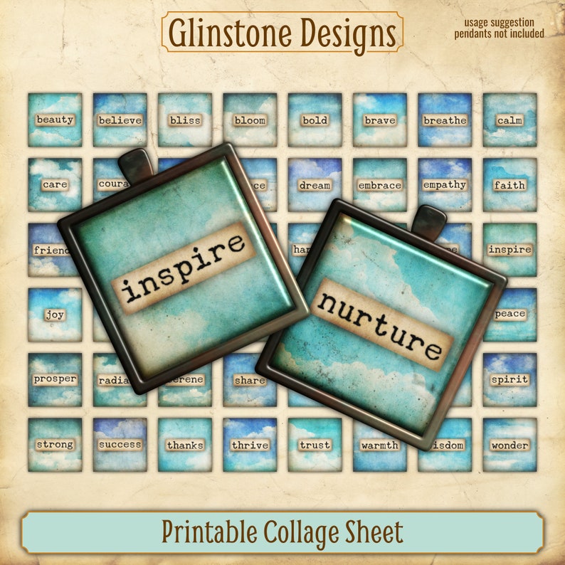 Printable 1 Inch Squares Collage Sheet, Inspirational Words, Sky ...