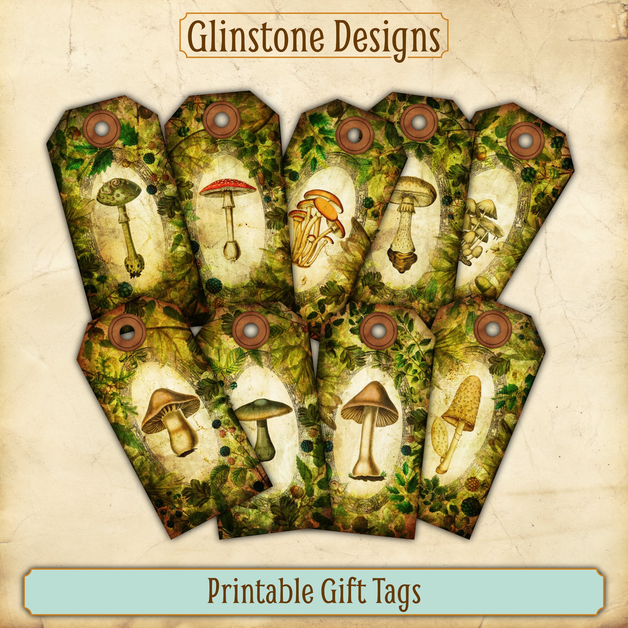 Printable Gift Tags, Vintage Mushroom Illustrations With a Forest ...