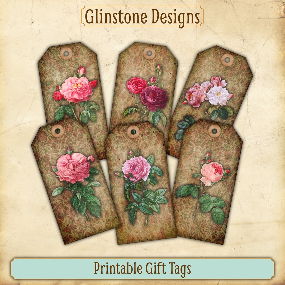 Printable Vintage-style Gift Tags, Antique Rose Illustrations on a ...