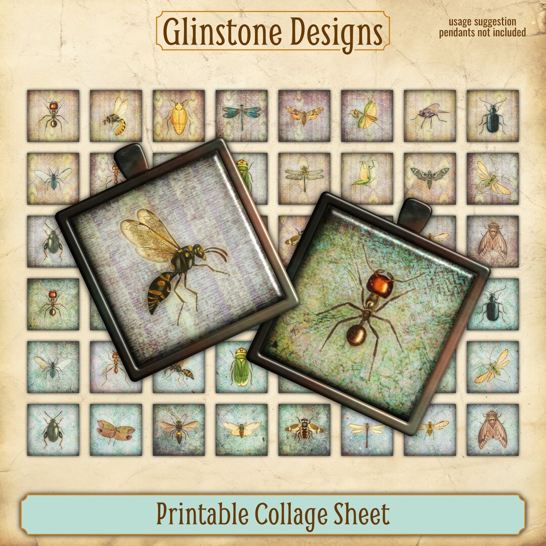 Printable 1x1 Inch Squares Collage Sheet, Insects, Vintage ...