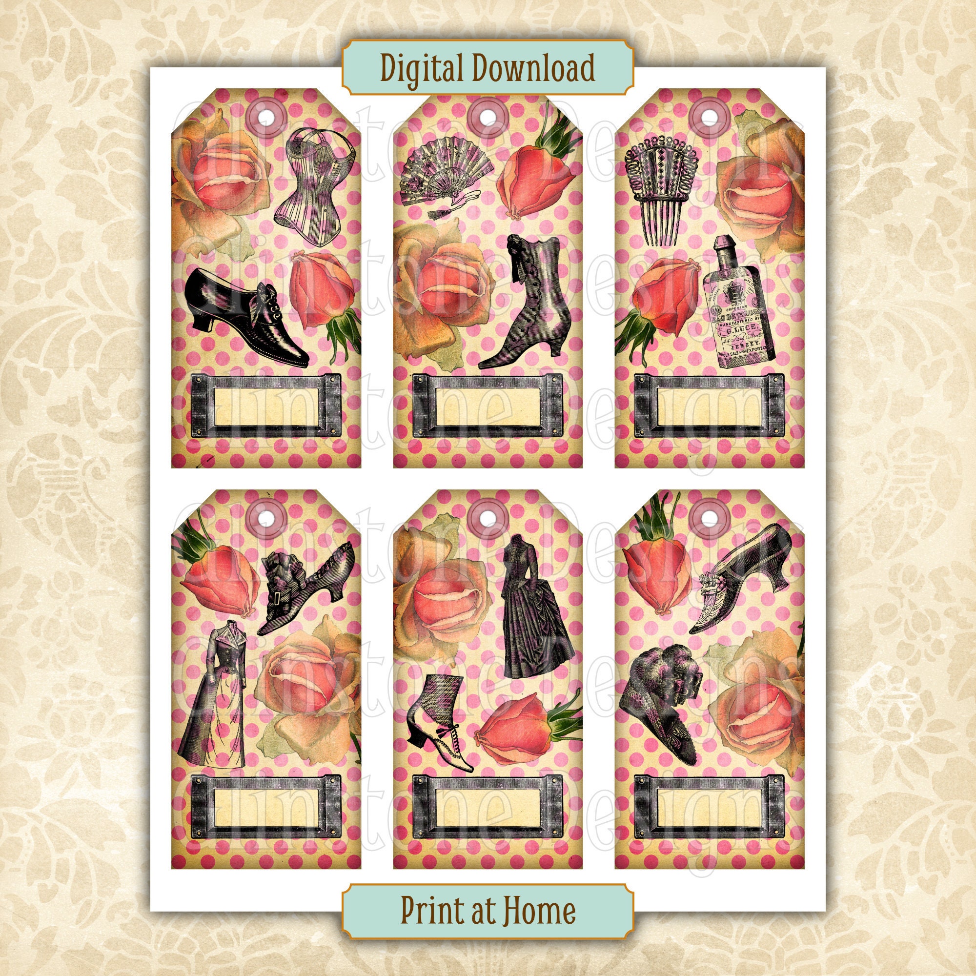Printable Vintage-style Gift Tags, Antique Rose and Fashion ...
