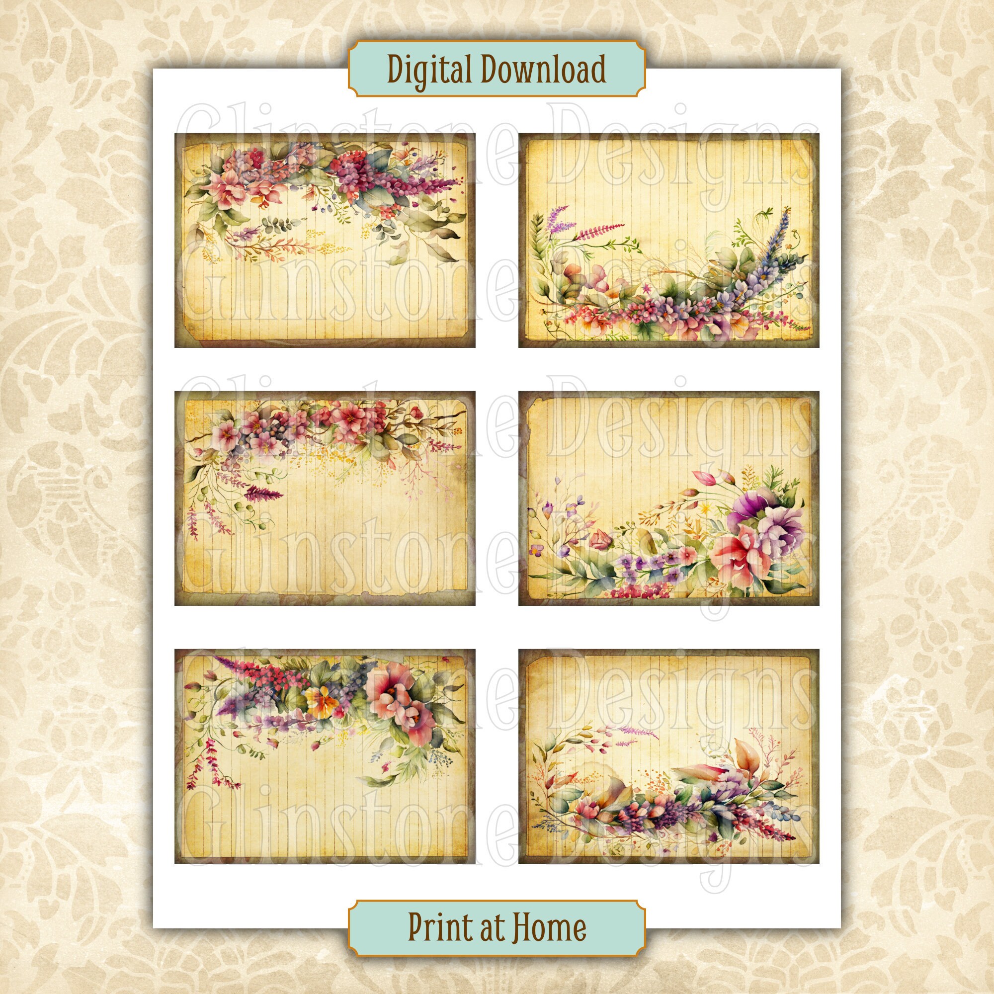 Printable Art Cards, Vintage-style Flower Garland Illustrations, Lined ...