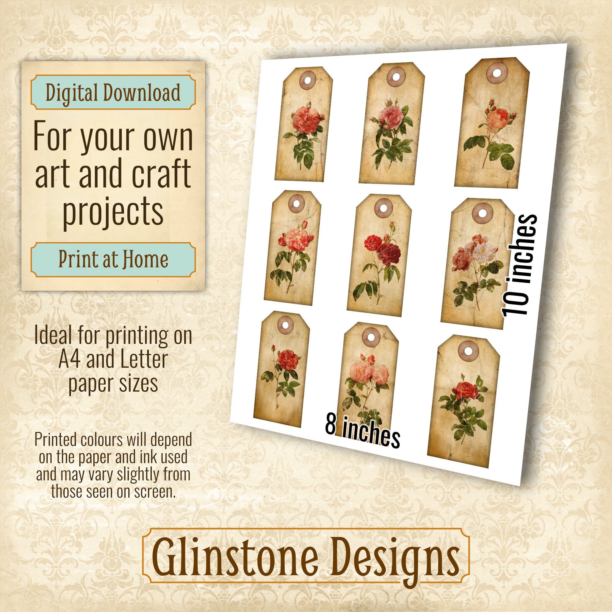 Printable Vintage-style Gift Tags, Faded Antique Rose Illustrations on ...