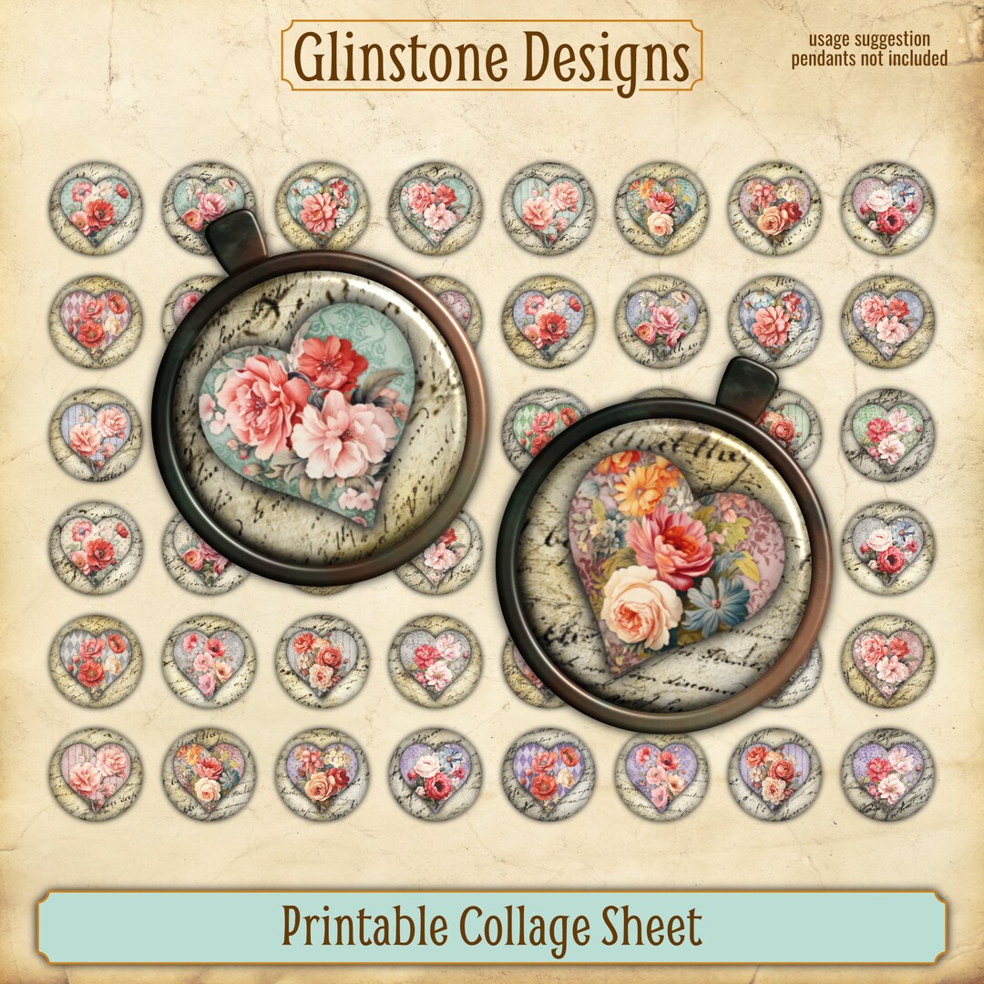Printable 1 Inch Circles Collage Sheet, Hearts, Vintage-style Flowers ...