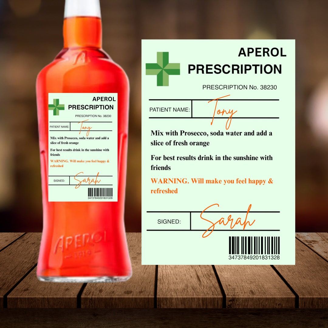 Aperol Prescription Bottle Label, Aperol Spritz Personalised Gift ...