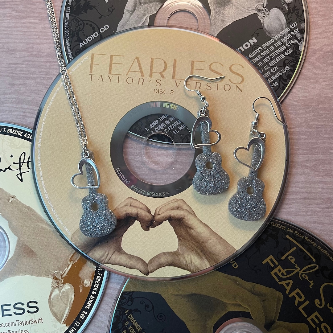 Silver Sparkle Fearless Resin Guitar With Heart Charm Necklace Earrings ...