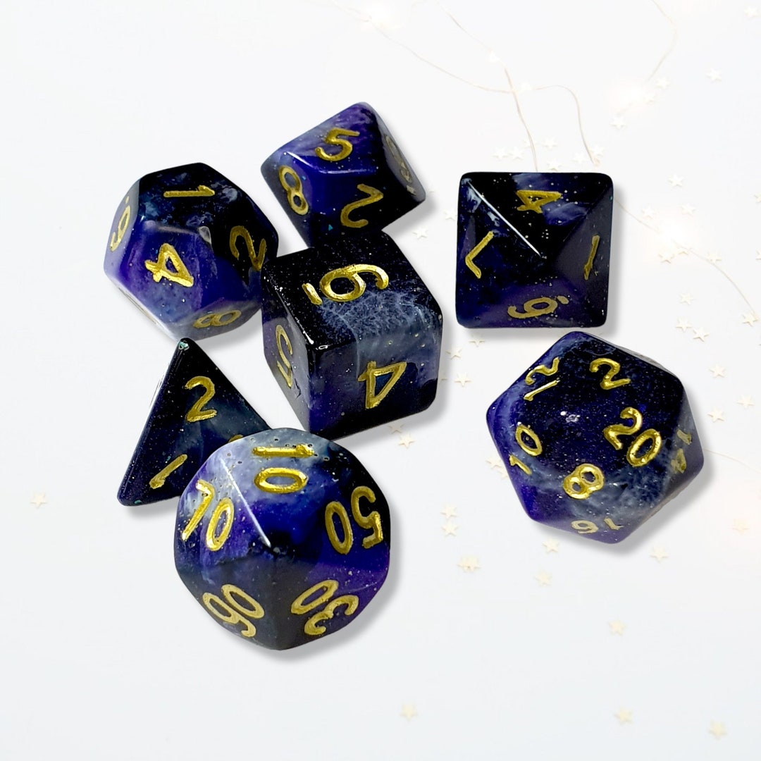 7 Galaxy DND Dice Blue Purple Gold Black Celestial Cosmos Outer Space ...