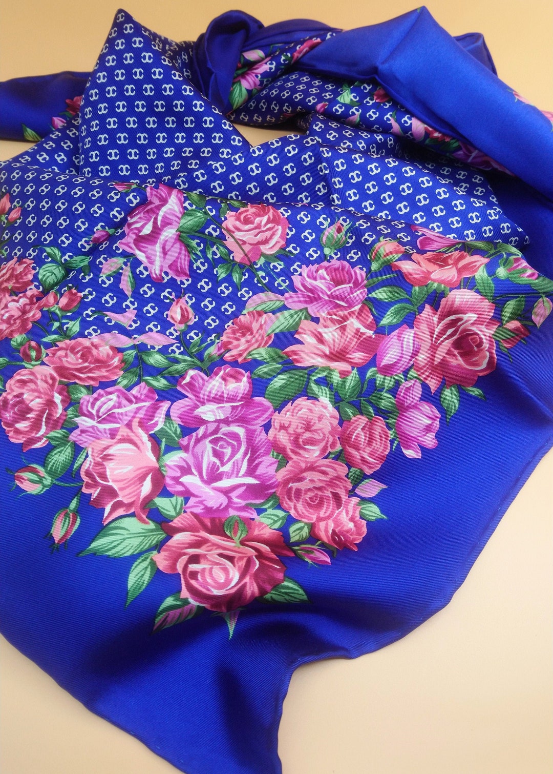 100% Pure Silk, Royal Blue and Pink Scarf, Vintage, Square, Flowers ...