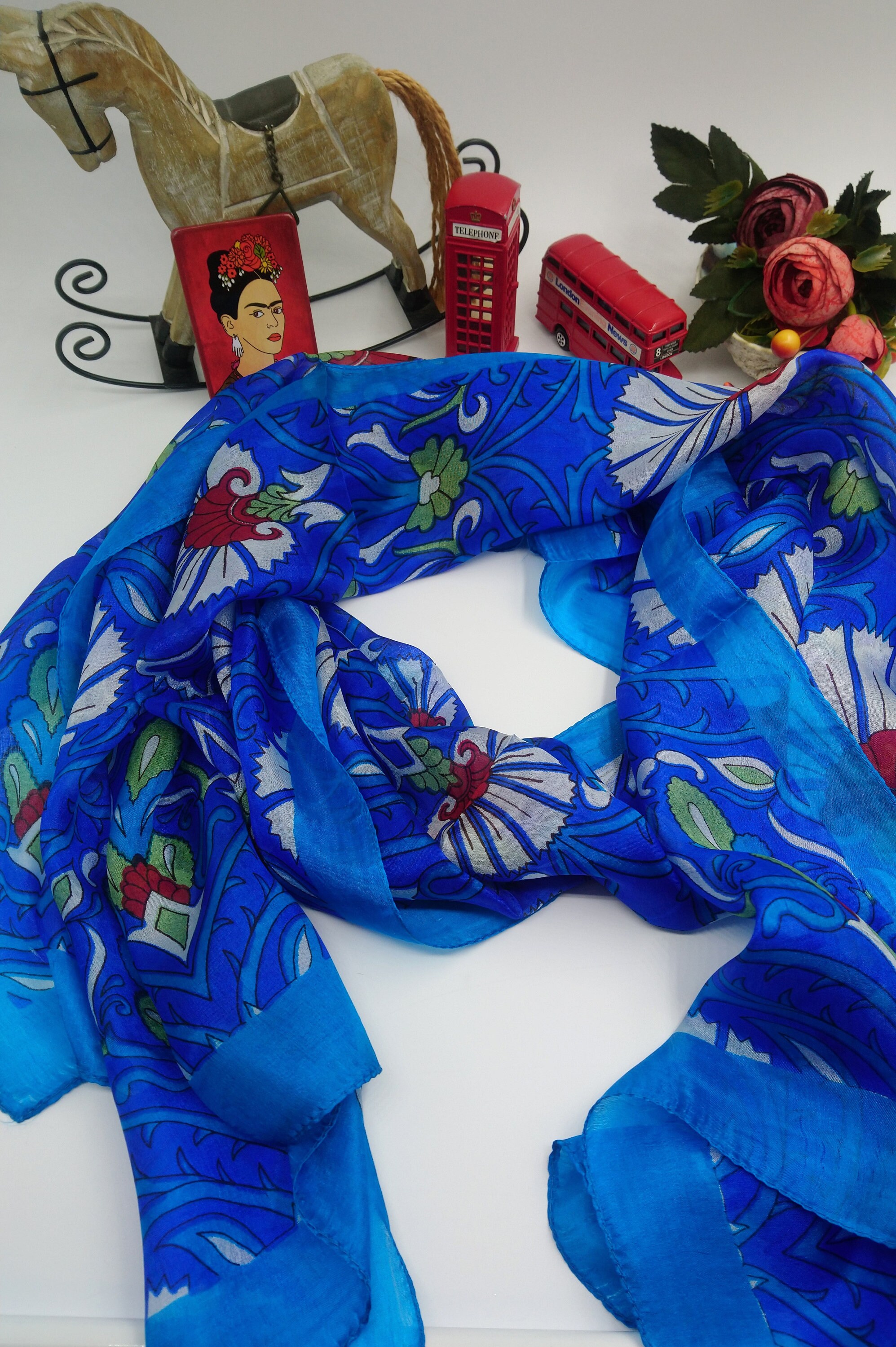 100 % Silk Scarf Long Neck Scarf Flower and Mandala Design - Etsy