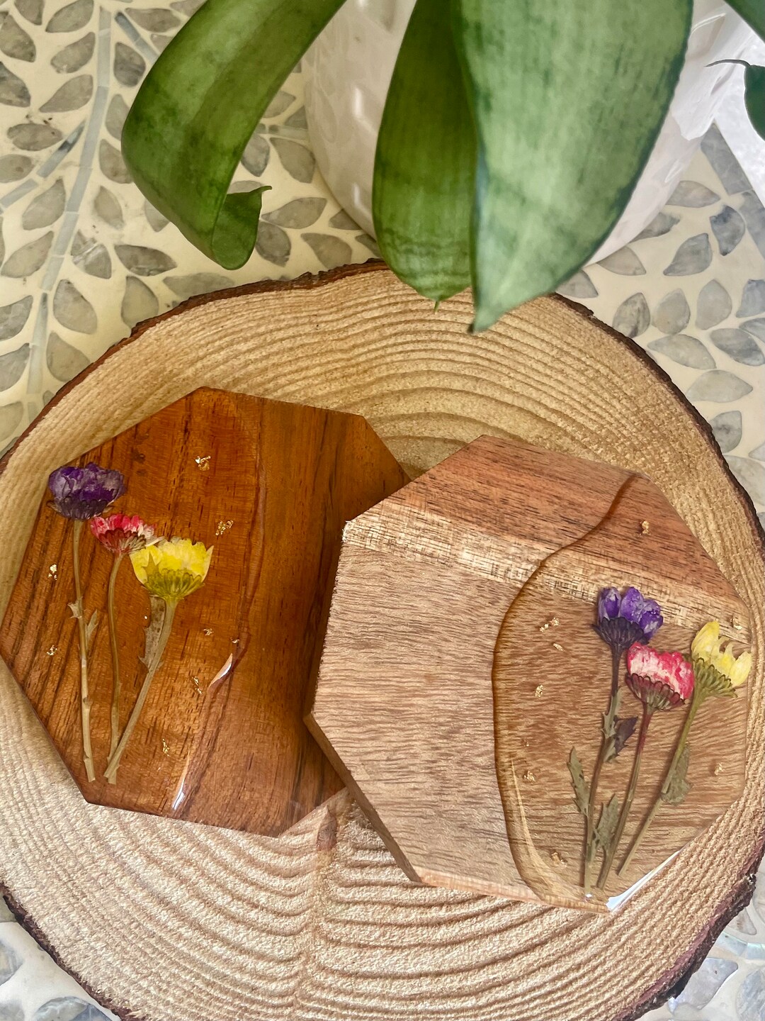 Set of 2 Wooden Flower Coasters | Wooden Floral Coasters | Resin Flower ...
