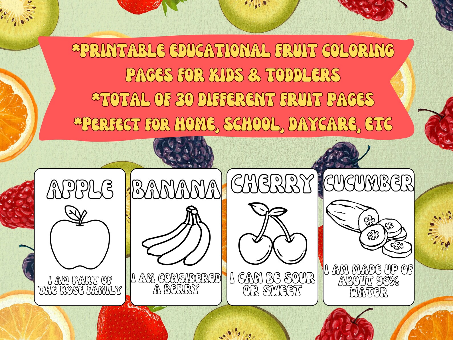 Educational Fruit Coloring Pages for Kids & Toddlers 30 Printable Fruit ...