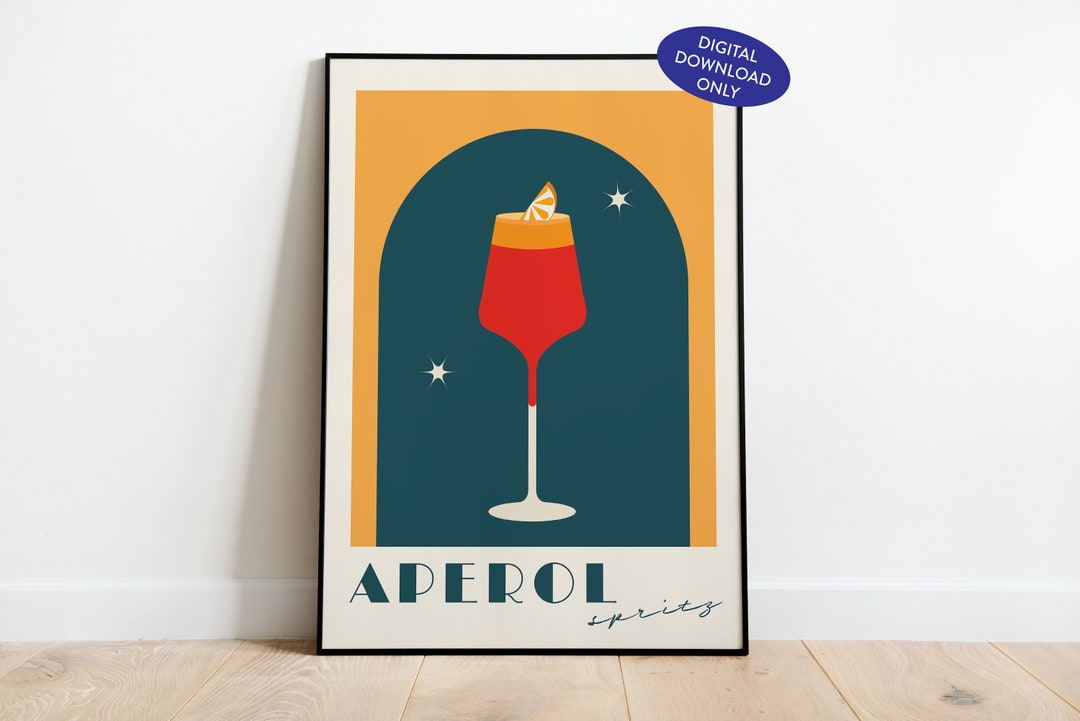 Vintage Retro Cocktail Aperol Spritz Illustration Poster Digital ...