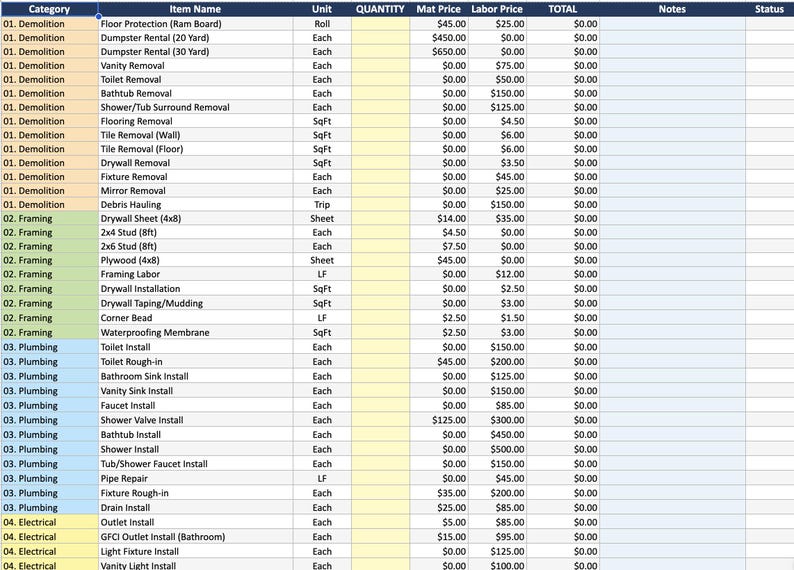 Professional Bathroom Estimator Excel Template | Construction Quote ...