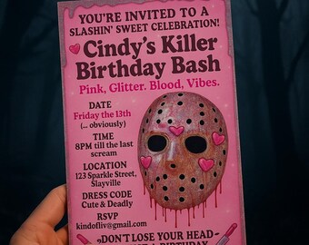 Pink Glam Scream Birthday Invitation: Slasher Party, Glitter Mask ...