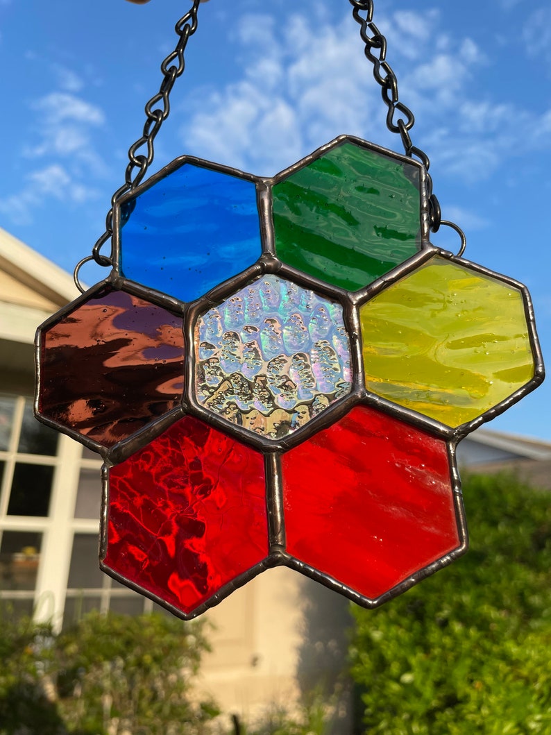Rainbow Hexagon Stained Glass Suncatcher - Etsy