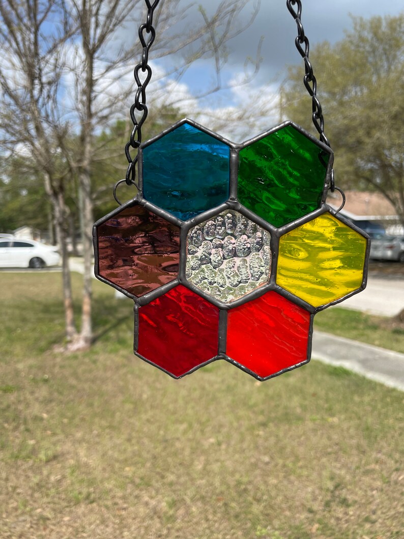 Rainbow Hexagon Stained Glass Suncatcher - Etsy