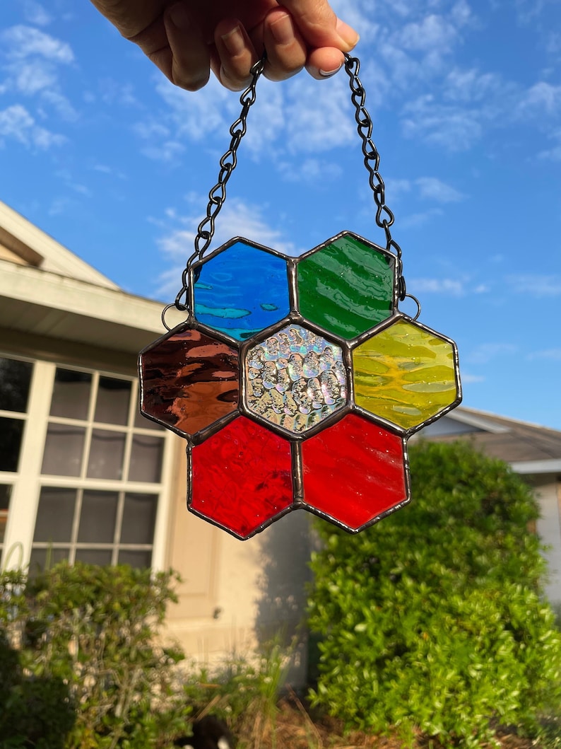 Rainbow Hexagon Stained Glass Suncatcher - Etsy
