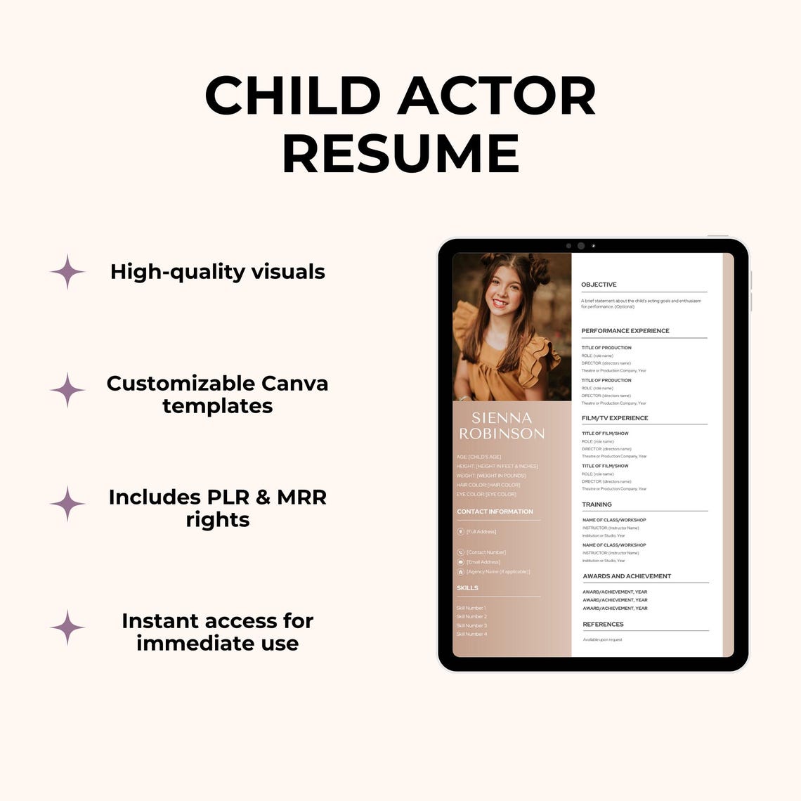 Child Actor Resume Editable in Canva, Child Model Actor Application ...