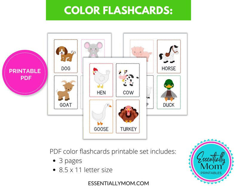 Farm Animal Flashcards, Printable Learning Cards (digital Download) - Etsy