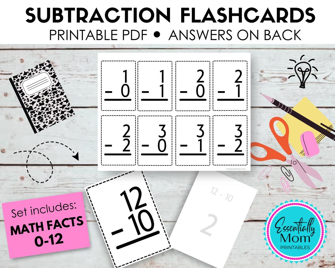 Subtraction Flashcards 0-12: Printable Math Facts (PDF) - Etsy