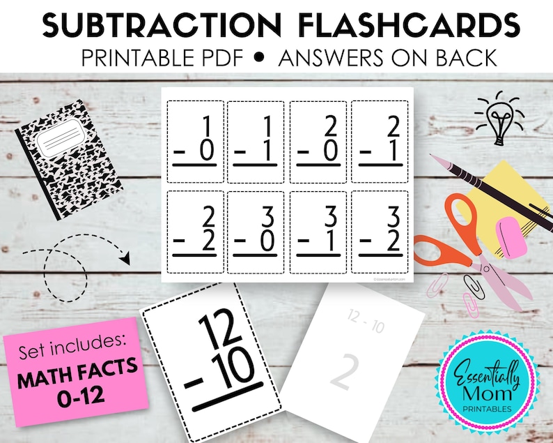 Printable Subtraction Flashcards 0-12 {with Answers on Back ...
