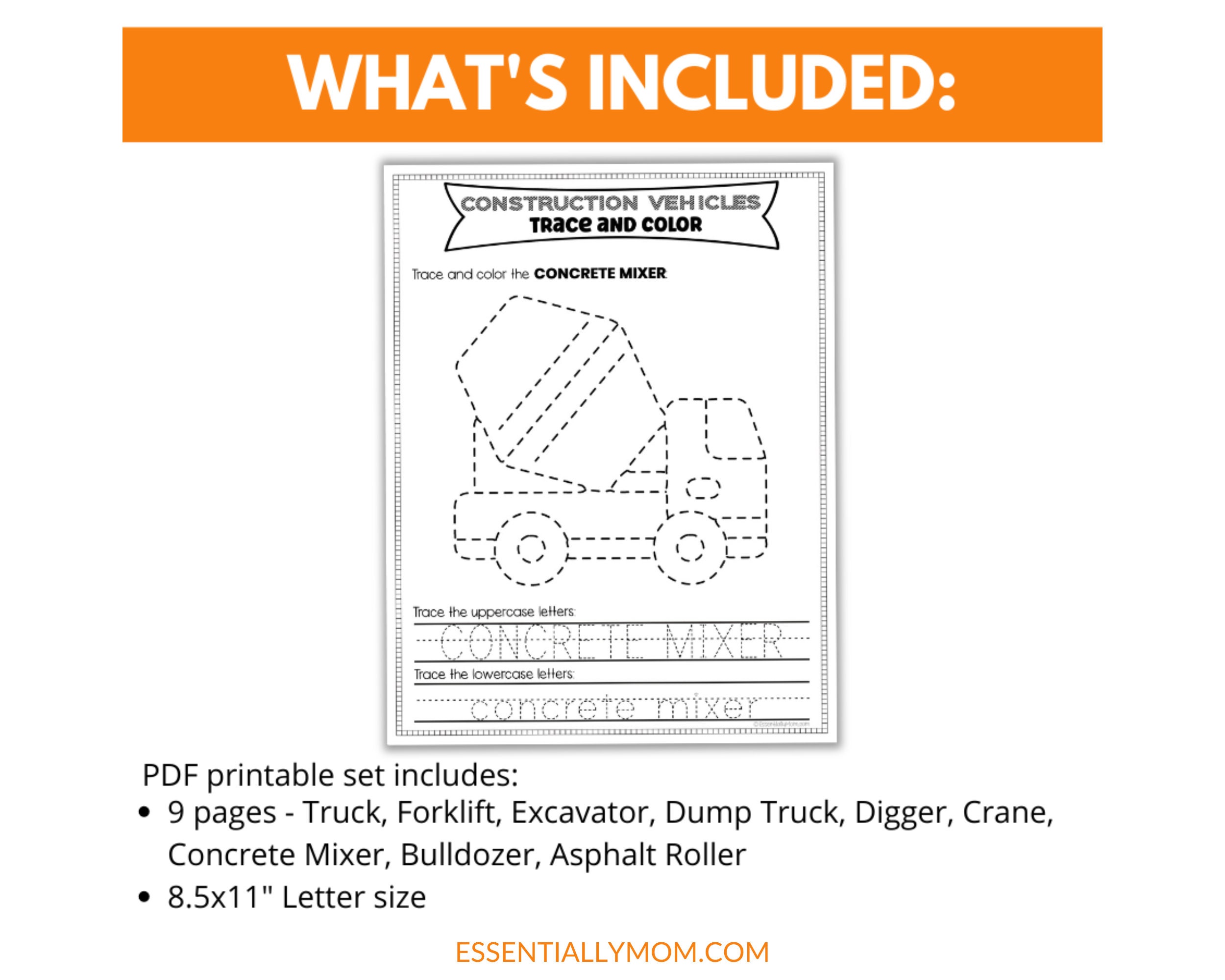 Construction Vehicles Trace and Color Worksheets (digital Download) - Etsy